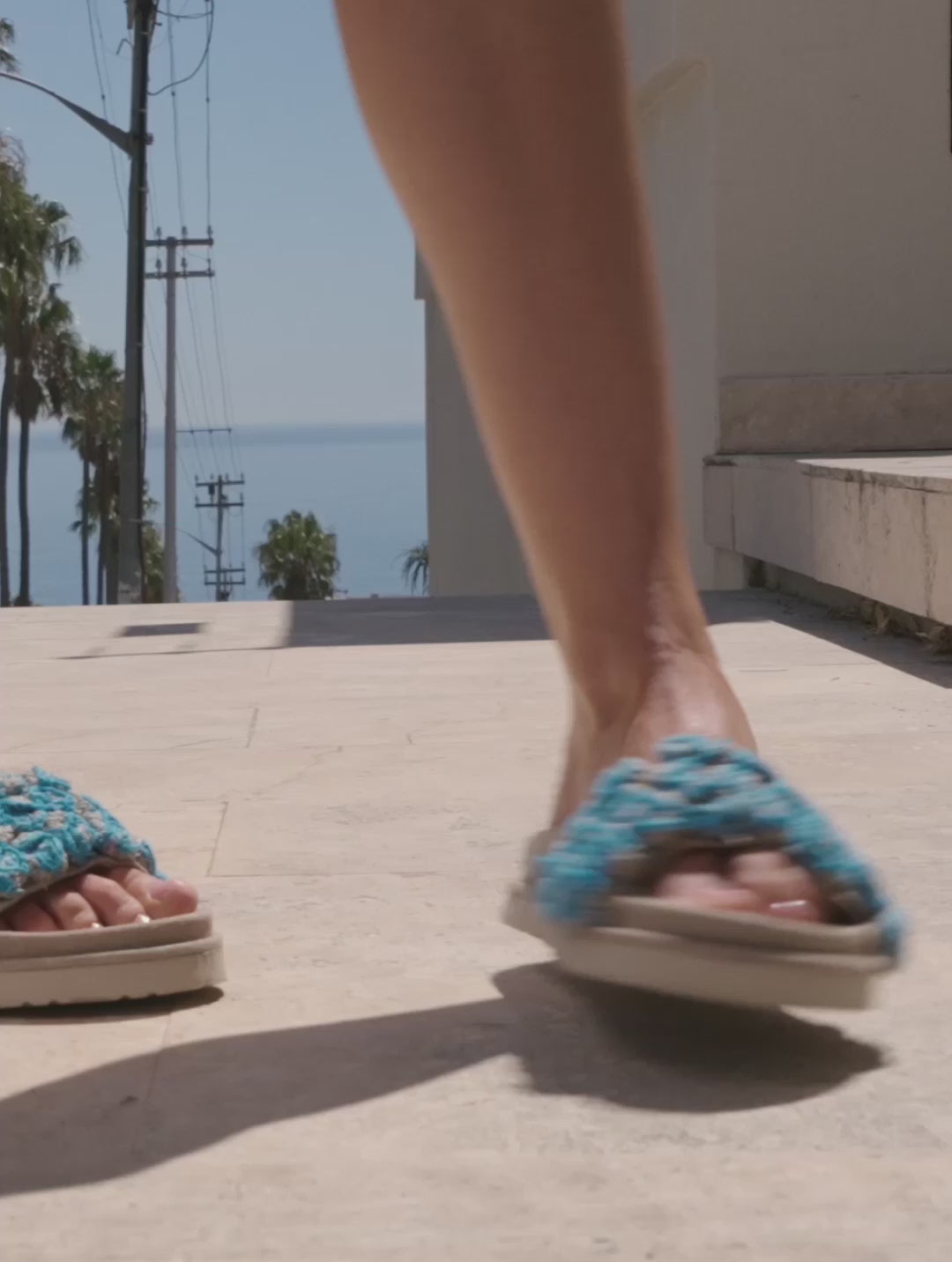 Ren Handcrafted Floral Crochet Slide Sandals Neon Blue